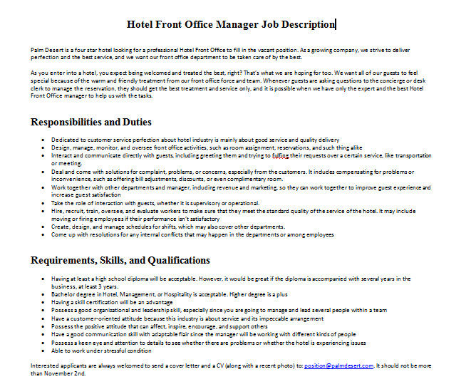 Hotel Front Office Manager Job Description Mous Syusa