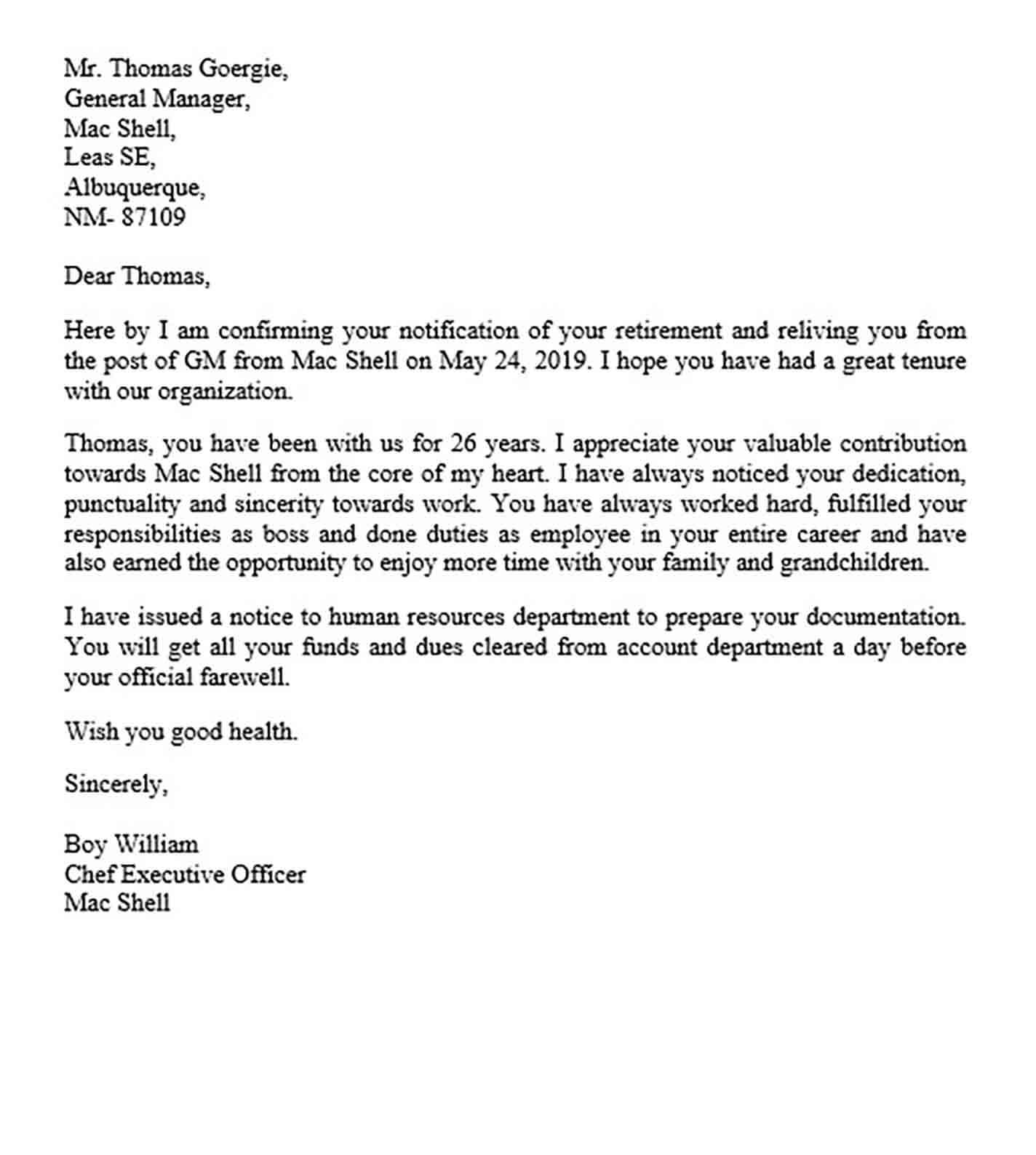 Sample Retirement Letters To Company