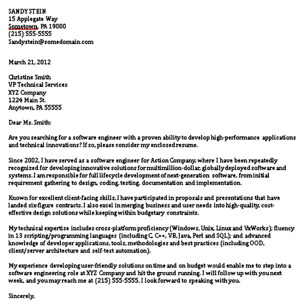 Engineer Application Letter Sample