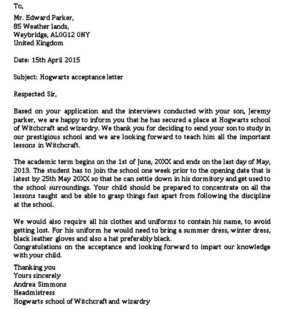 Hogwarts Acceptance Letter for PDF, Word, and Doc | Mous Syusa