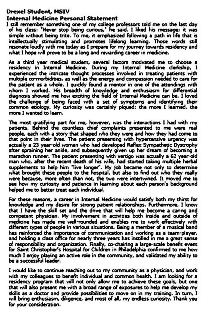 Sample Residency Personal Statement | Mous Syusa