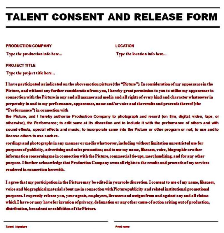 Talent Release Form Template | Mous Syusa