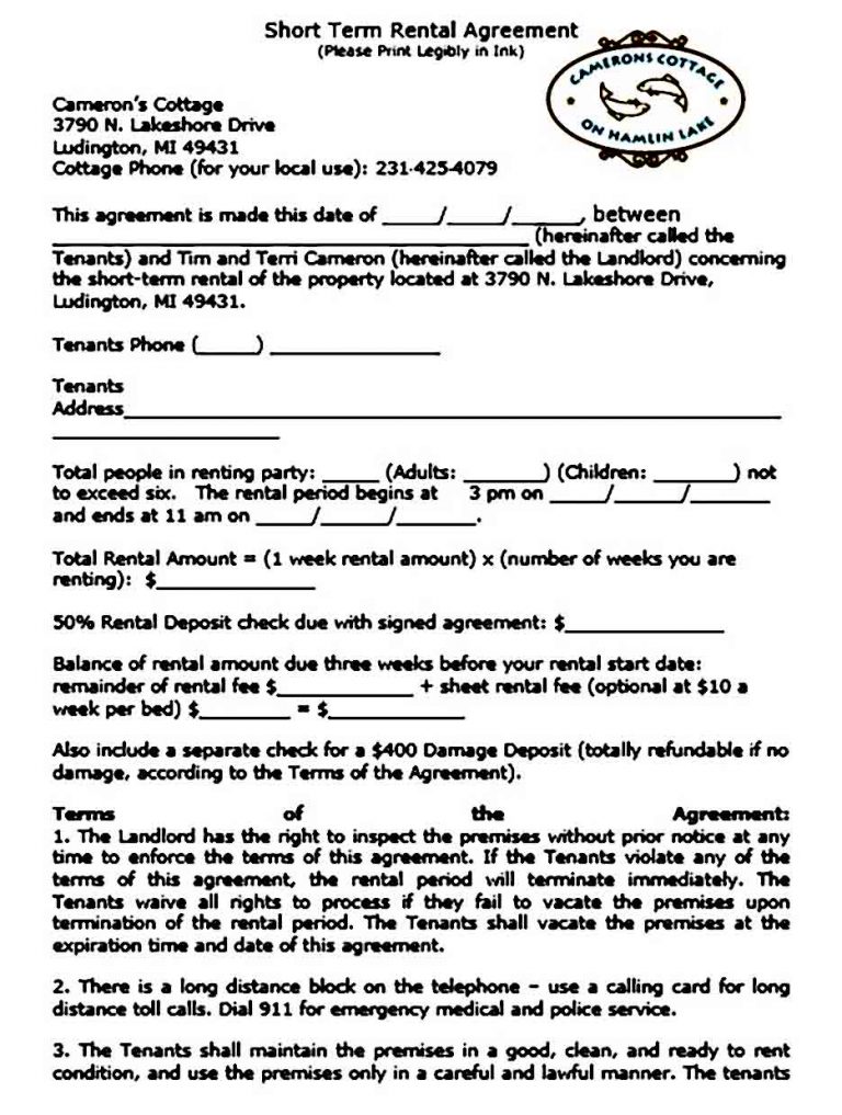 Sample Short Term Rental Agreement Template | Mous Syusa
