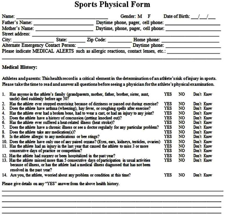 Sample Sports Physical Form | Mous Syusa