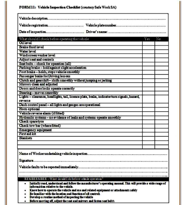 Vehicle Inspection Form Sample | Mous Syusa