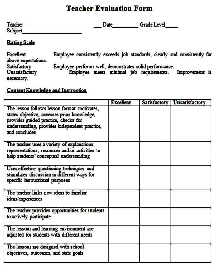 Sample Teacher Evaluation Form Example Mous Syusa