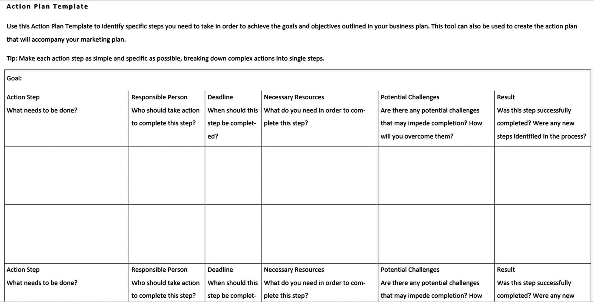 Printable Business Action Plan Template | Mous Syusa