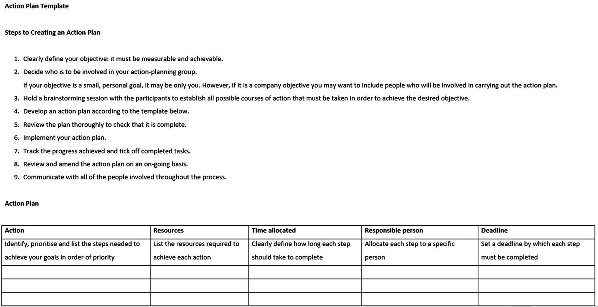 Printable Business Action Plan Template | Mous Syusa